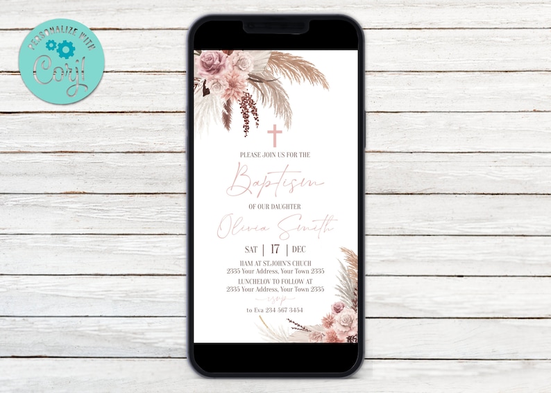 Editable Boho Baptism Invitation. Bohemian Christening Evite. - Etsy