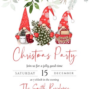Editable Scandi Gnomes Christmas Party Invitation. Gnome Holiday Party ...
