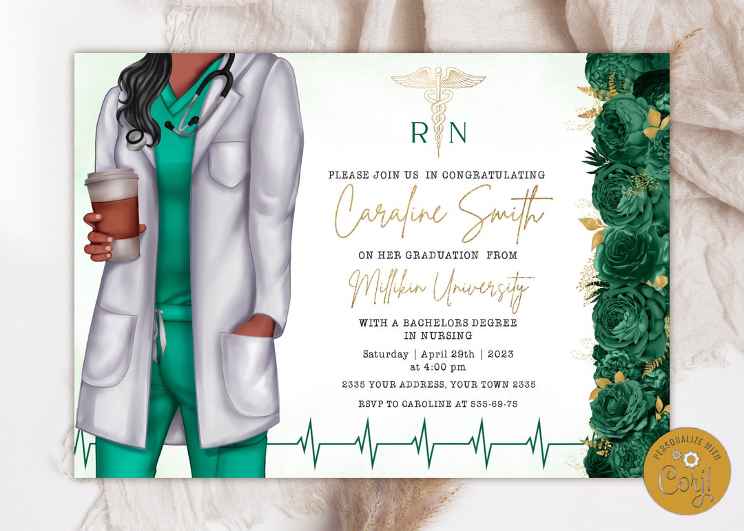Editable Nursing Graduation Invitation. Registered Nurse Emerald Floral ...