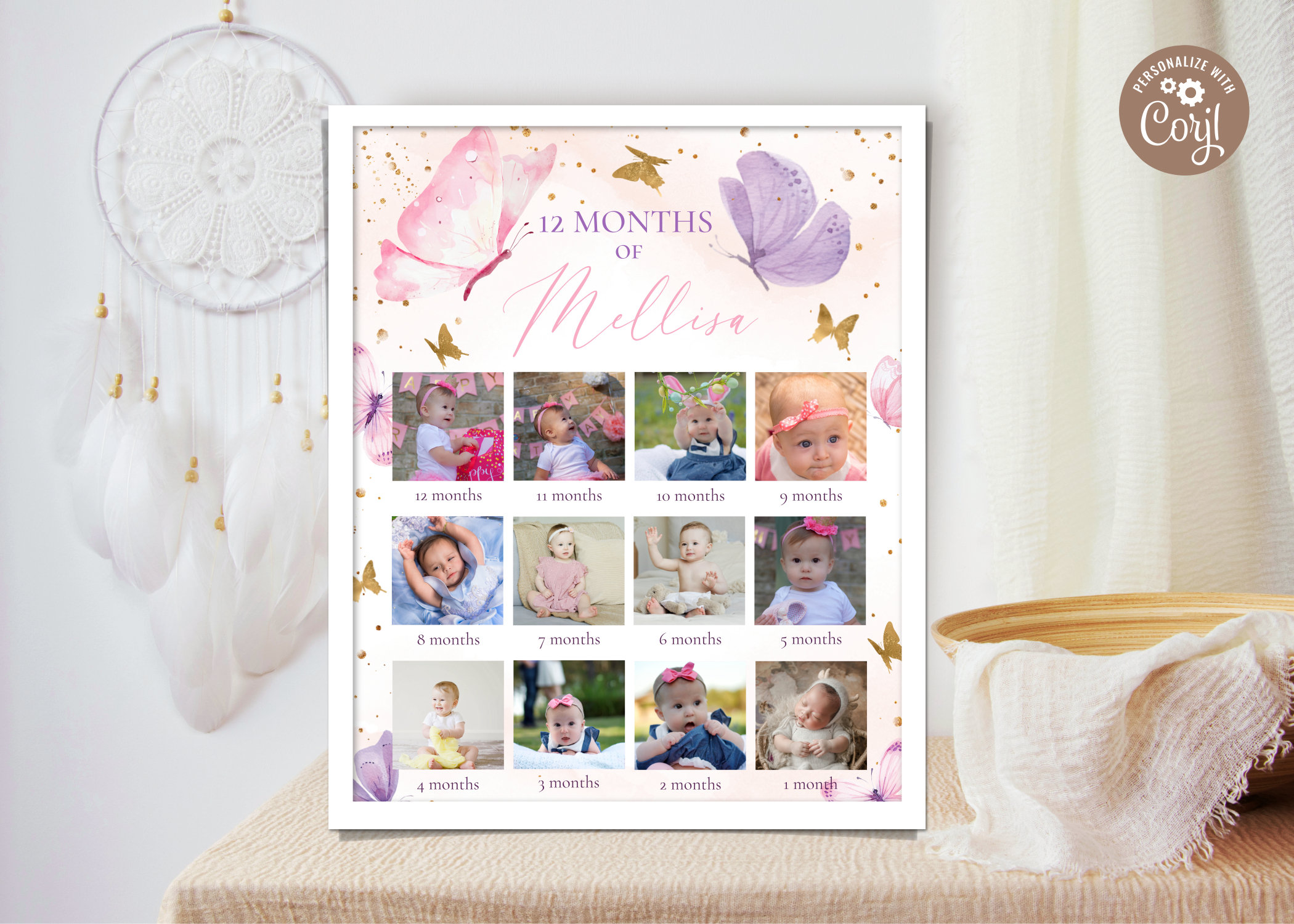 Editable Butterfly First Birthday Photo Poster. Baby Birthday 12 Month ...