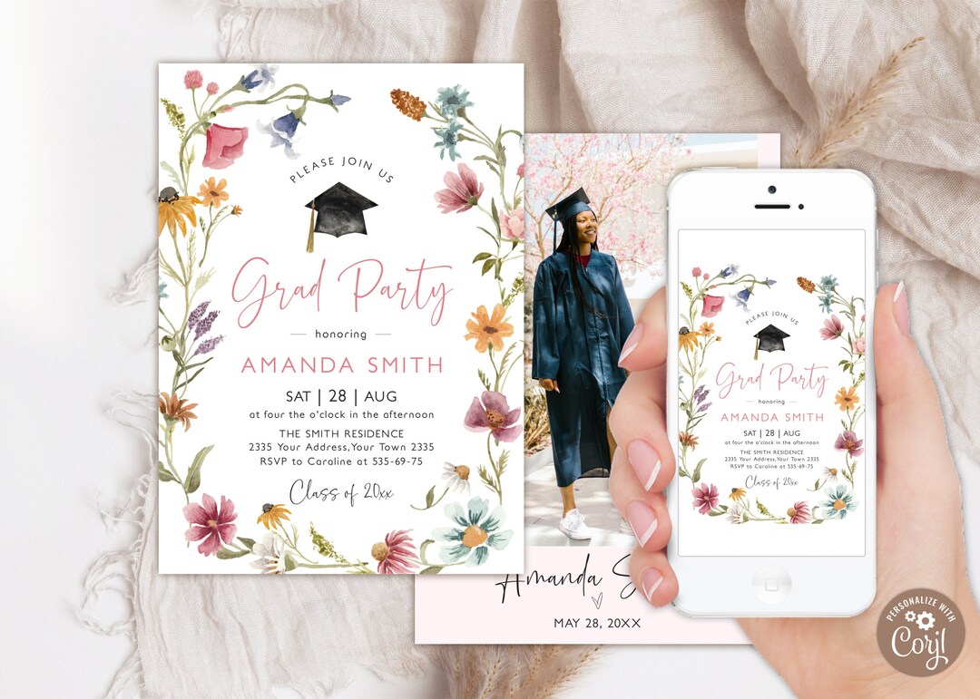 Editable Graduation Party Invitation. Wildflowers Graduation Invitation ...