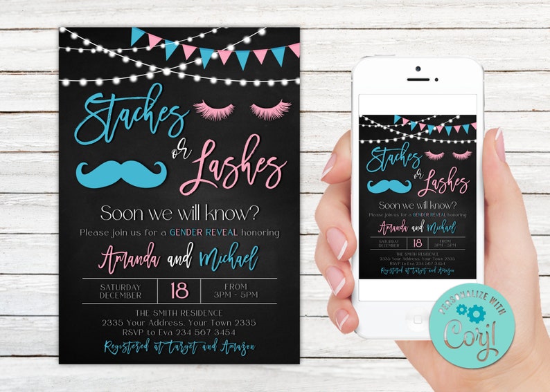 Editable Staches or Lashes Gender Reveal Invitation. Girl or - Etsy