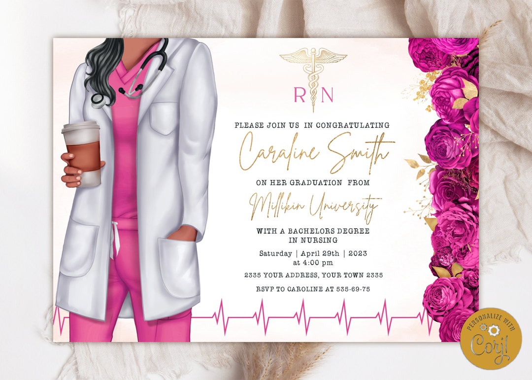 Editable Nursing Graduation Invitation. Registered Nurse Hot Pink ...