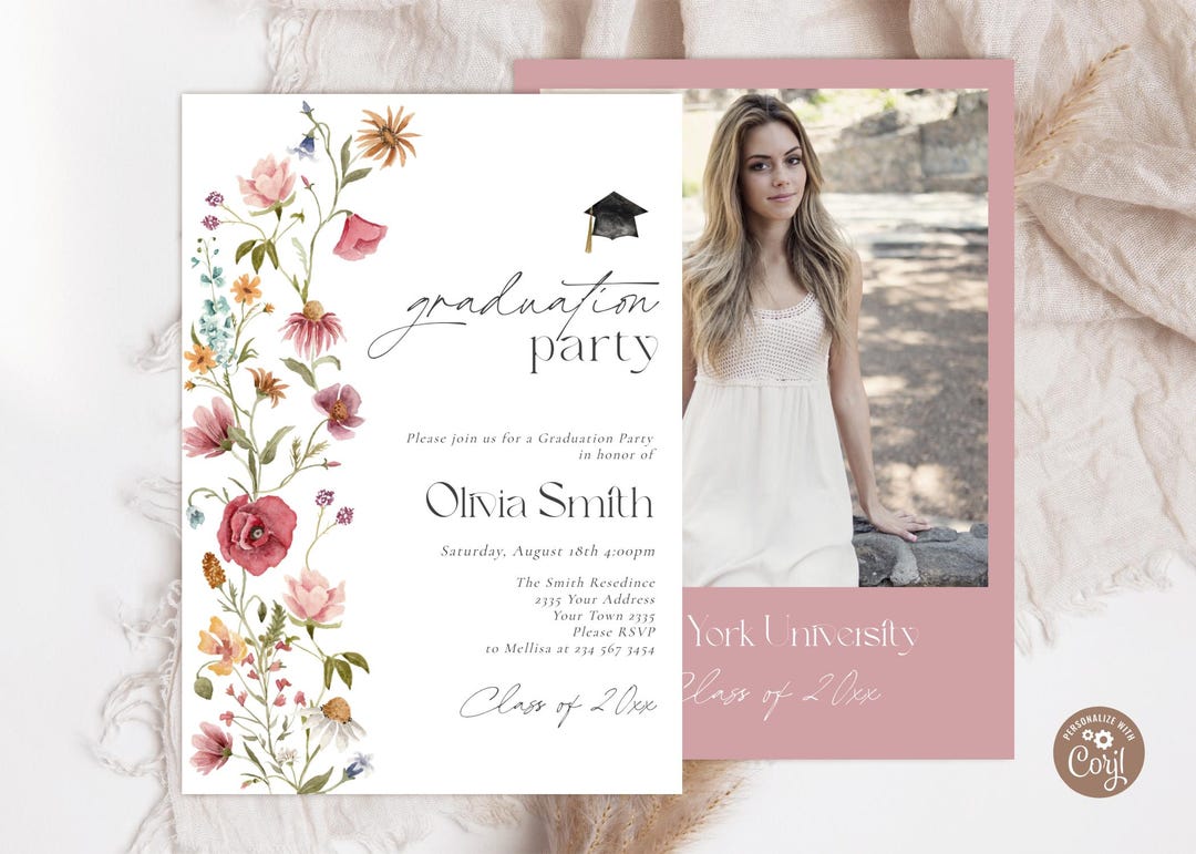Editable Wildflower Graduation Party Announcement Invitation ...