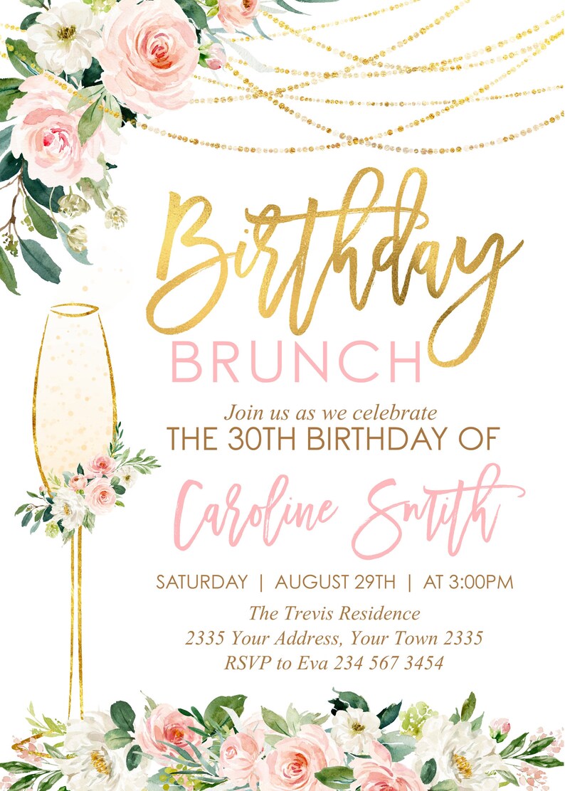 Blush Rose Birthday Brunch Invitation, Editable Template (digital) - Etsy