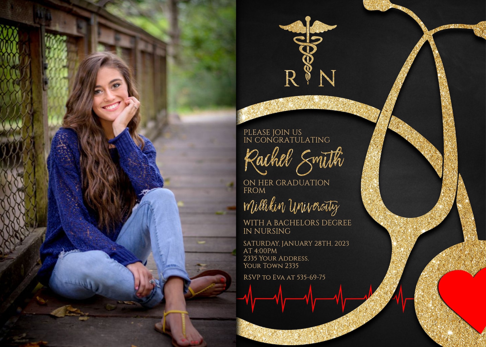 Editable Nursing Graduation Invitation, Photo, Gold & Red (digital Item ...