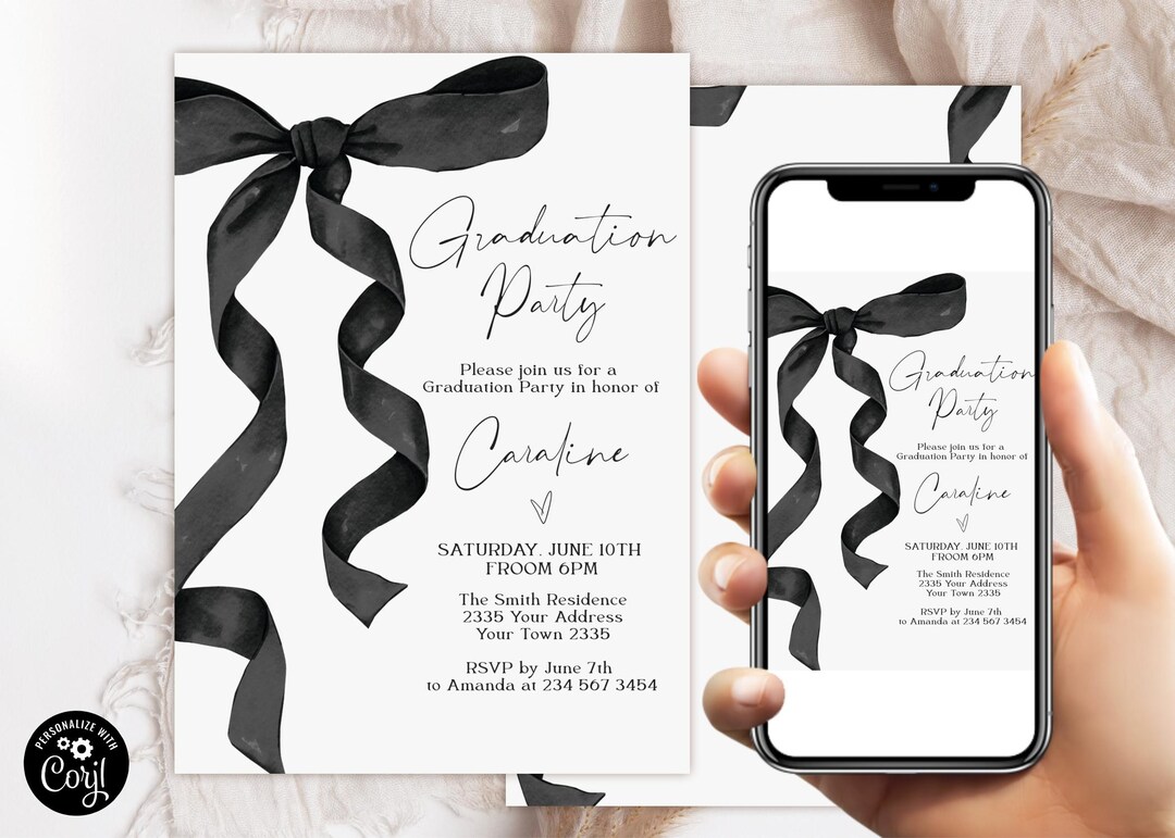 Editable Black Bow Graduation Party Invitation. Pastel Black Bow ...