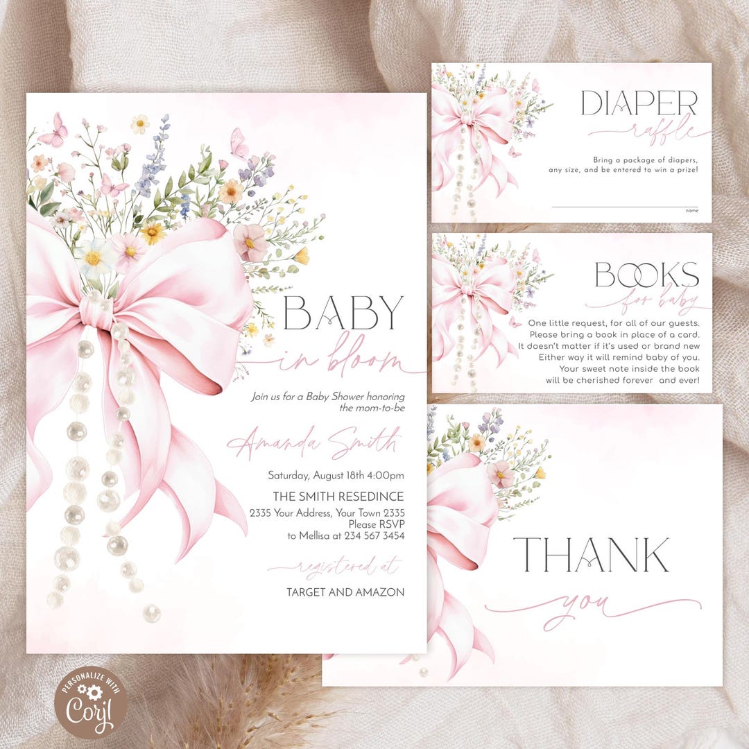 Baby in Bloom Shower Invitation: Pink Bow, Pearls, Wildflowers (digital ...