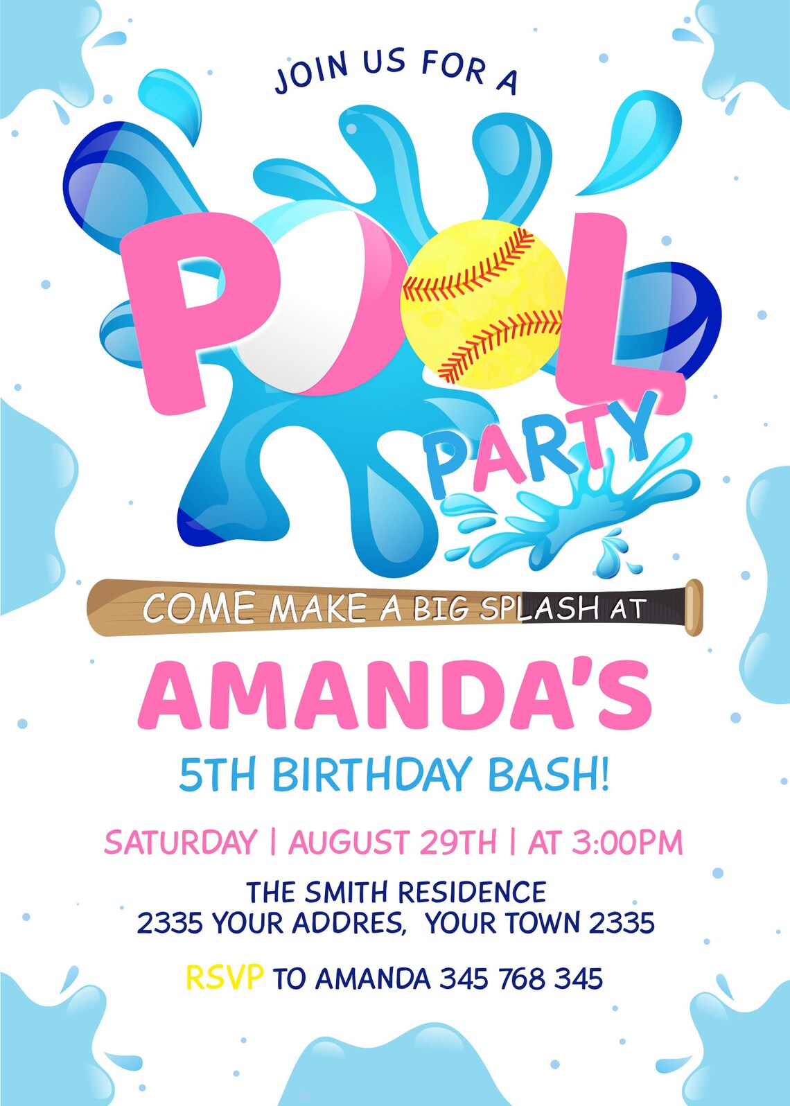 Editable Softball Pool Party Invitation. Sports Pool Birthday - Etsy