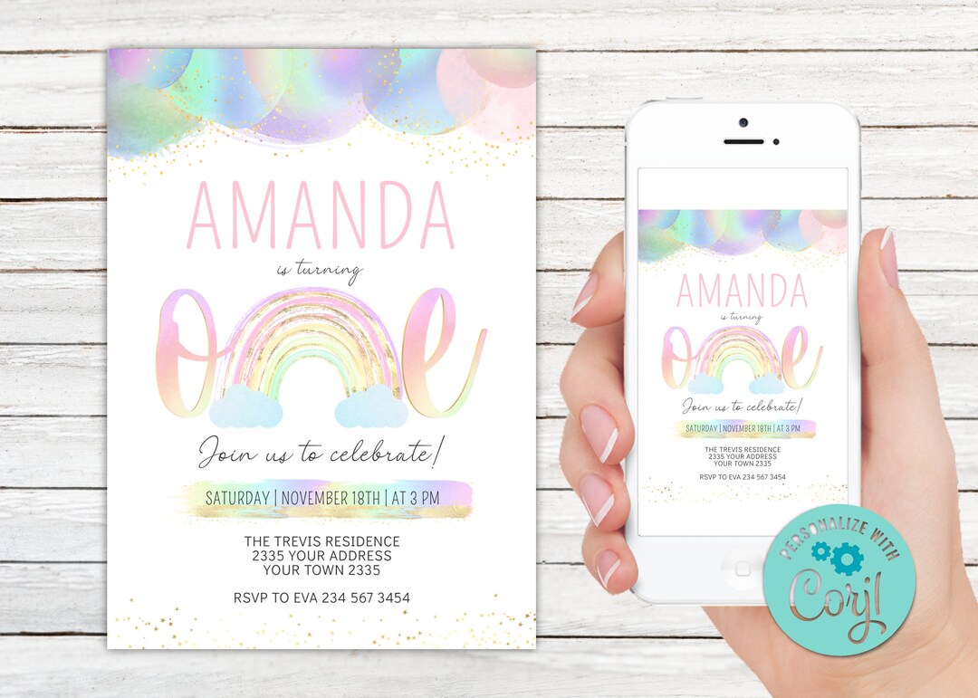 Editable Rainbow Birthday Invitation. First Birthday. Rainbow Invite ...