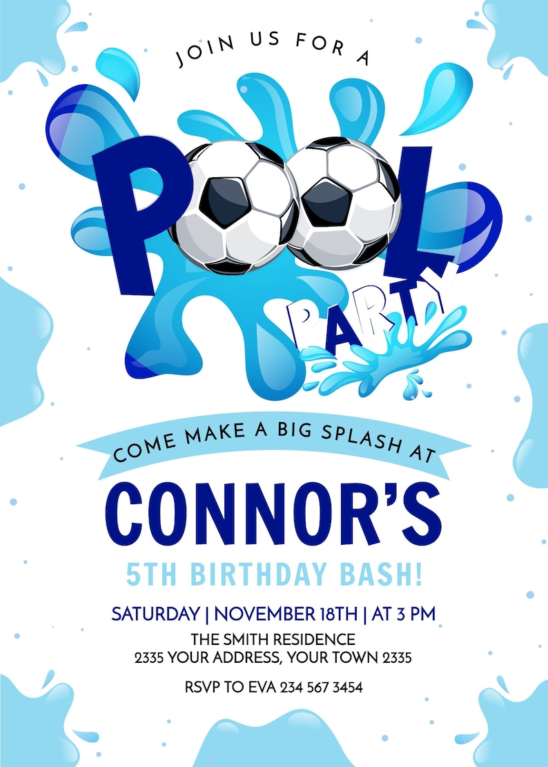 Editable Pool Soccer Birthday Invitation. Pool Birthday - Etsy
