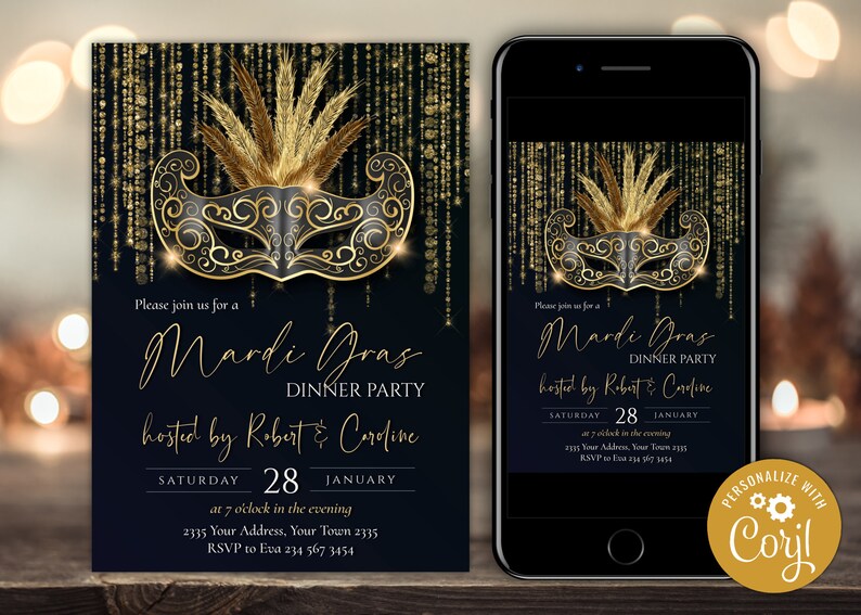 Editable Gold Mardi Gras Invitation. Masquerade Dinner Party - Etsy