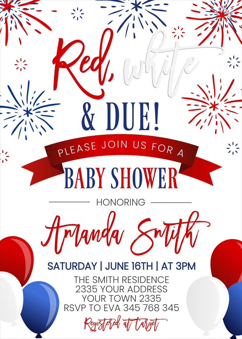 Editable Red White and Due Baby Shower Invite. 4th of July Baby Shower ...