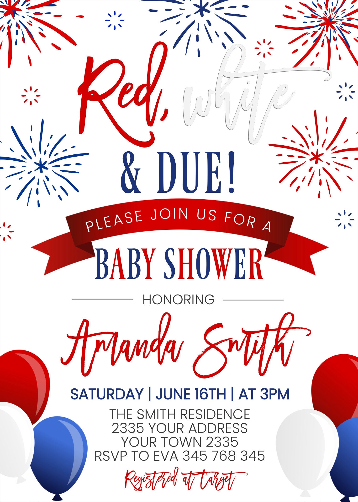Editable Red White and Due Baby Shower Invite. 4th of July Baby Shower ...