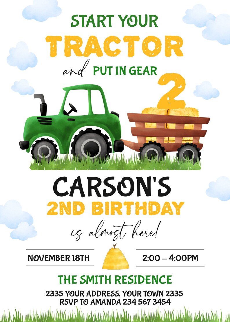 Editable Tractorm Bales of Hay Birthday Invitation. Green - Etsy