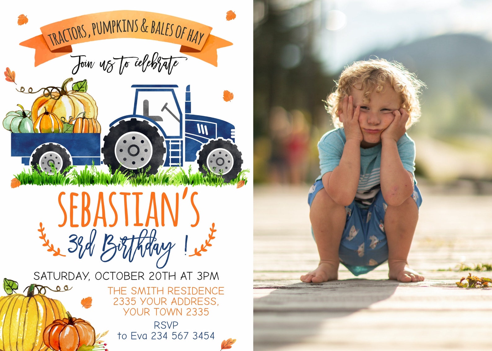 Editable Tractors Pumpkins Bales of Hay Birthday Invitation. - Etsy