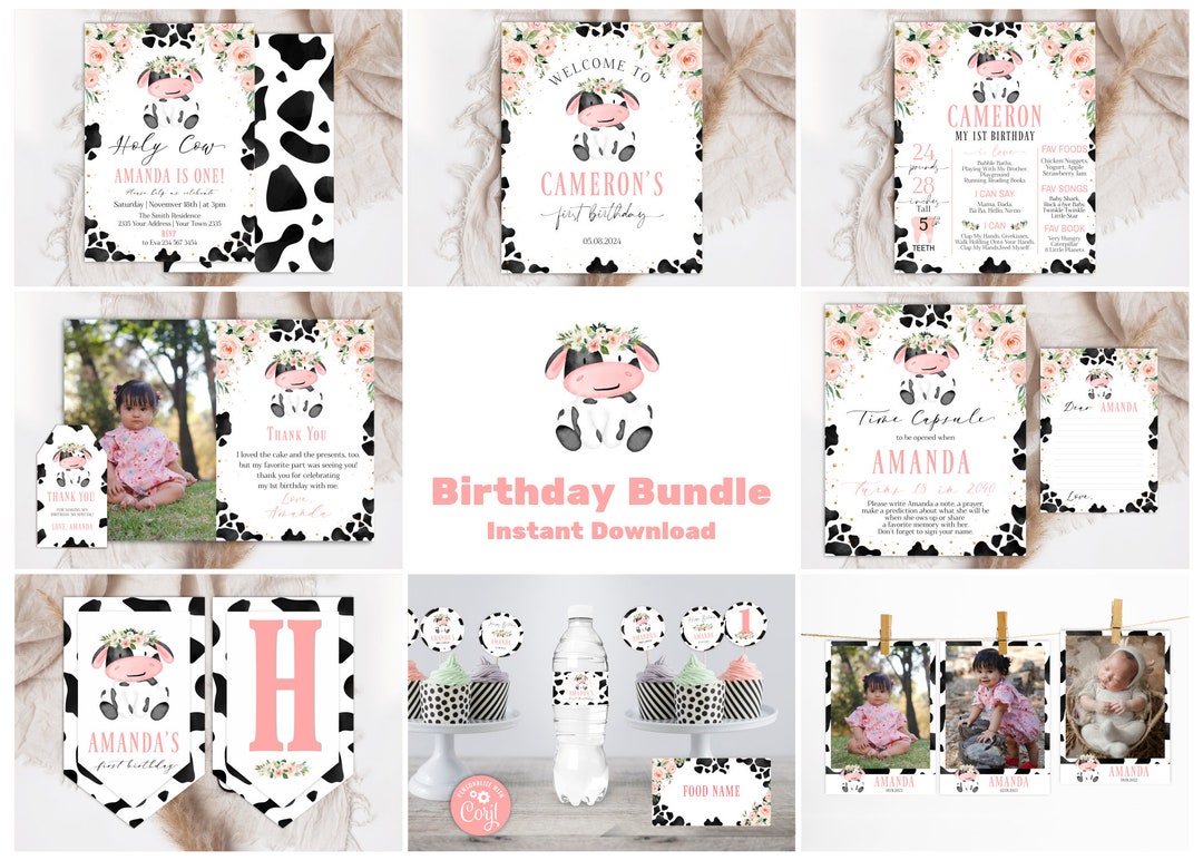 Editable Cow Birthday Invitation Bundle. Holy Cow I'm One. Cow Theme ...