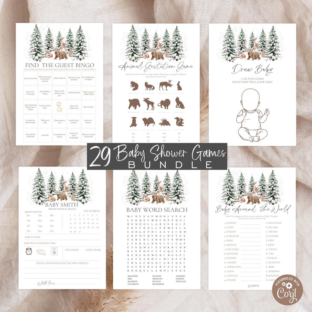 Editable Forest Animals Baby Shower Games Bundle. Winter Woodland Game ...