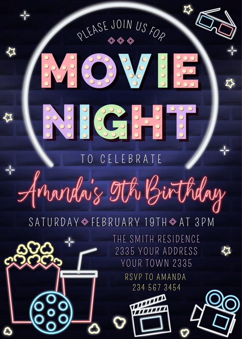 Editable Movie Night Girl Birthday Party Invitation. Movie - Etsy