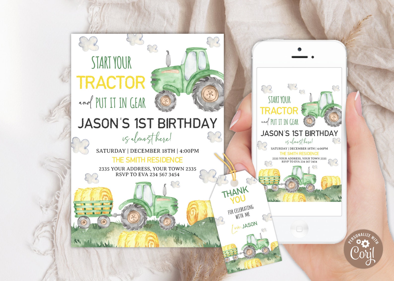 Editable Green Tractor, Bales of Hay Birthday Invitation. Tractor ...
