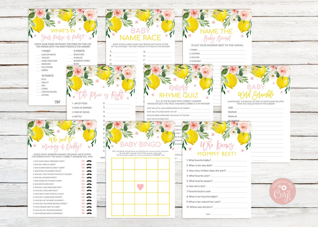 Lemon Baby Shower Game Package. 9 Printable Floral Lemon Baby Shower ...