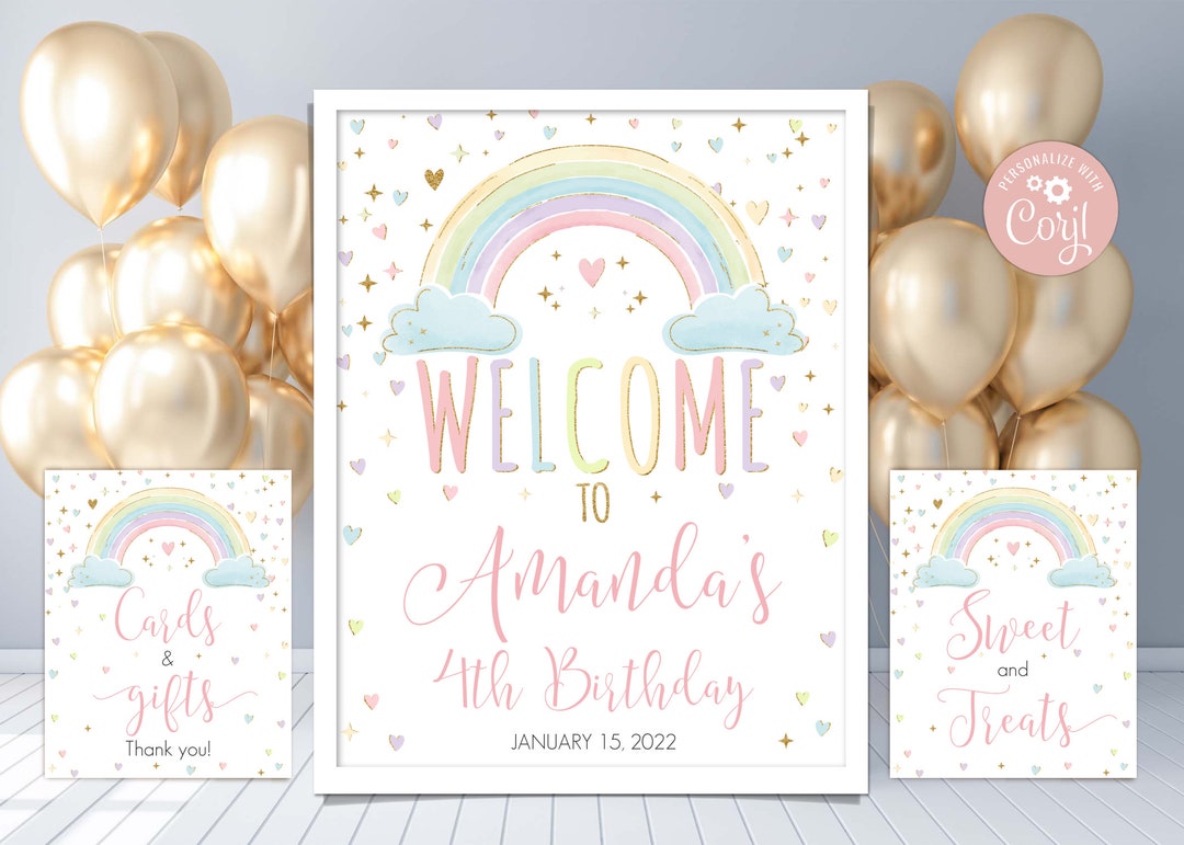 Editable Rainbow Birthday Signs Set. Rainbow Welcome Sign. Cards and ...