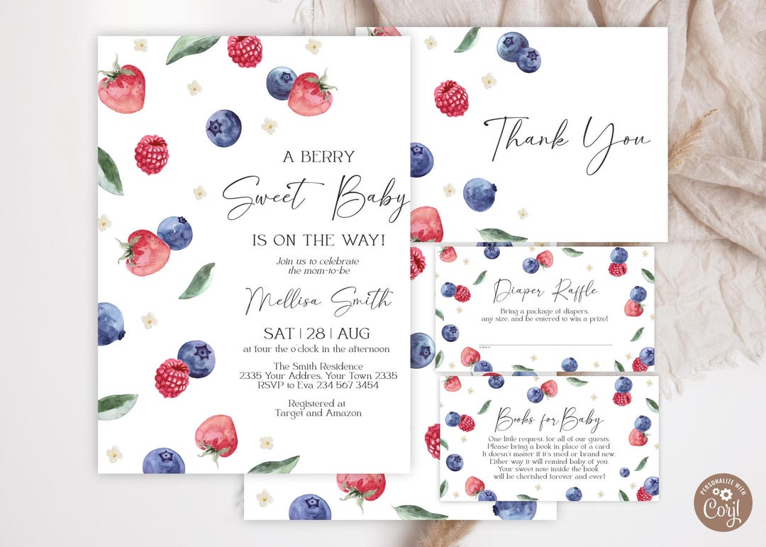 Editable Berry Sweet Baby Shower Invitation Set. Berry Baby Shower ...