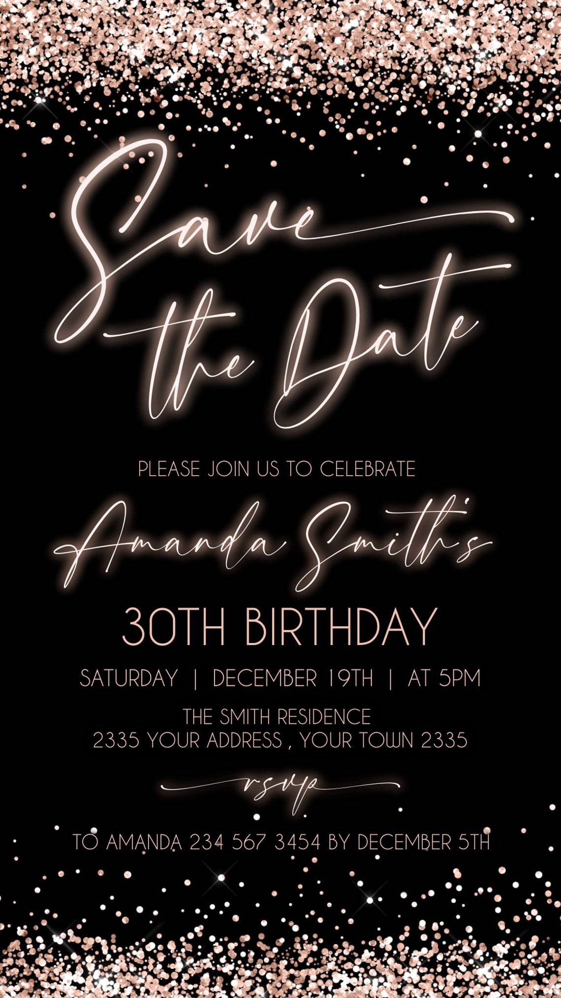 Editable Save the Date Birthday Party Invitation. Glitter Rose - Etsy