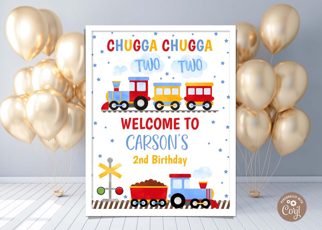 Editable Train Birthday Welcome Sign. Blue Yellow Red Train Party ...