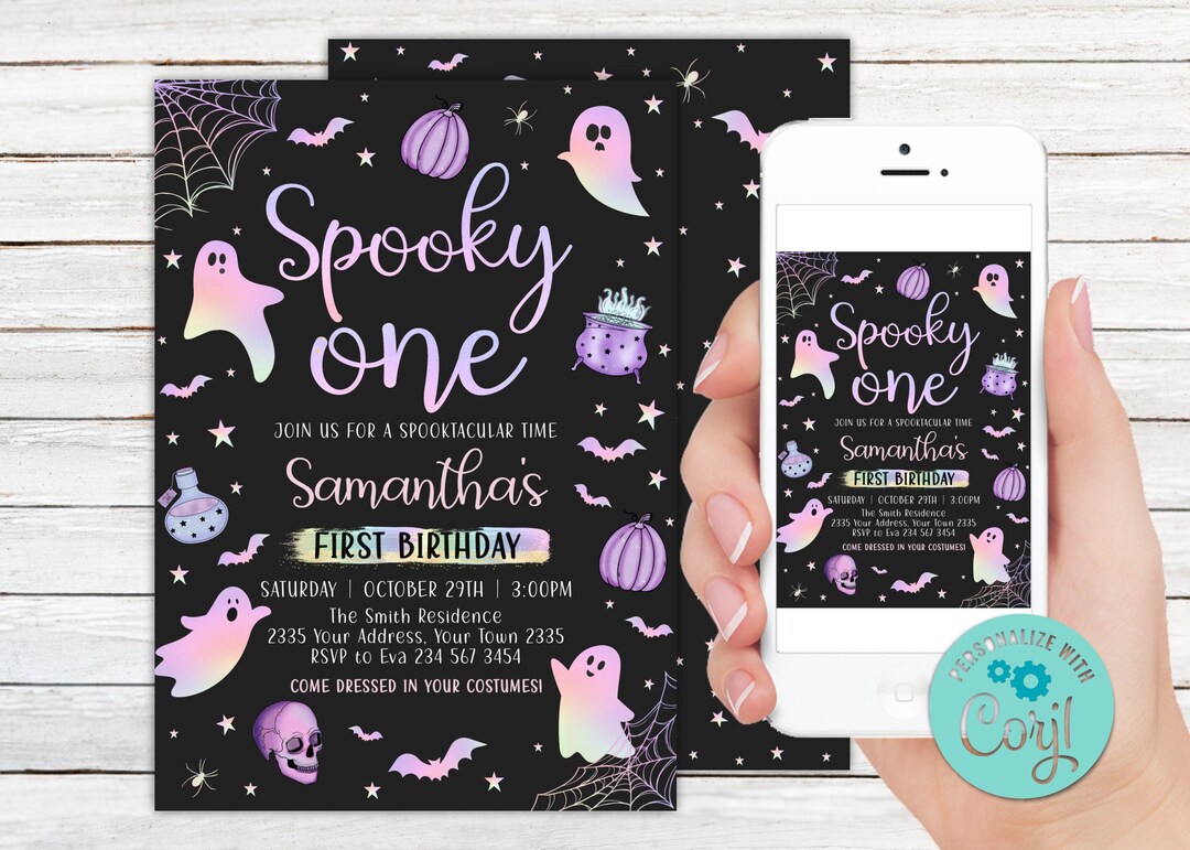 Editable Halloween Pastel Ghost Birthday Invitation. Hey Boo Cute Ghost ...