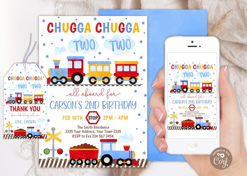 Editable Train Birthday Invitation. Blue Yellow Red Train Party Invite ...