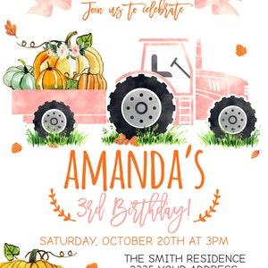 Editable Tractors, Pumpkins, Bales of Hay Birthday Invitation. Pink ...
