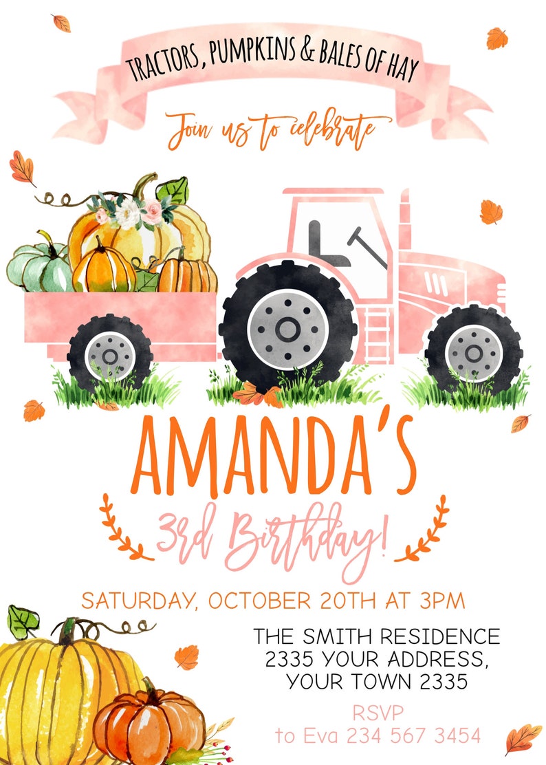 Editable Tractors Pumpkins Bales of Hay Birthday Invitation. - Etsy