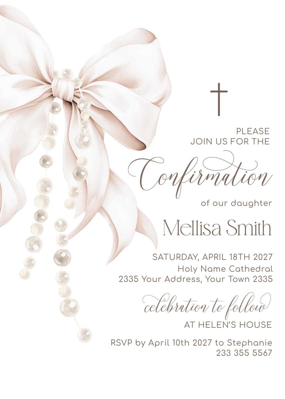 Editable Confirmation Invitation With Beige Bow and Pearls. Elegant ...