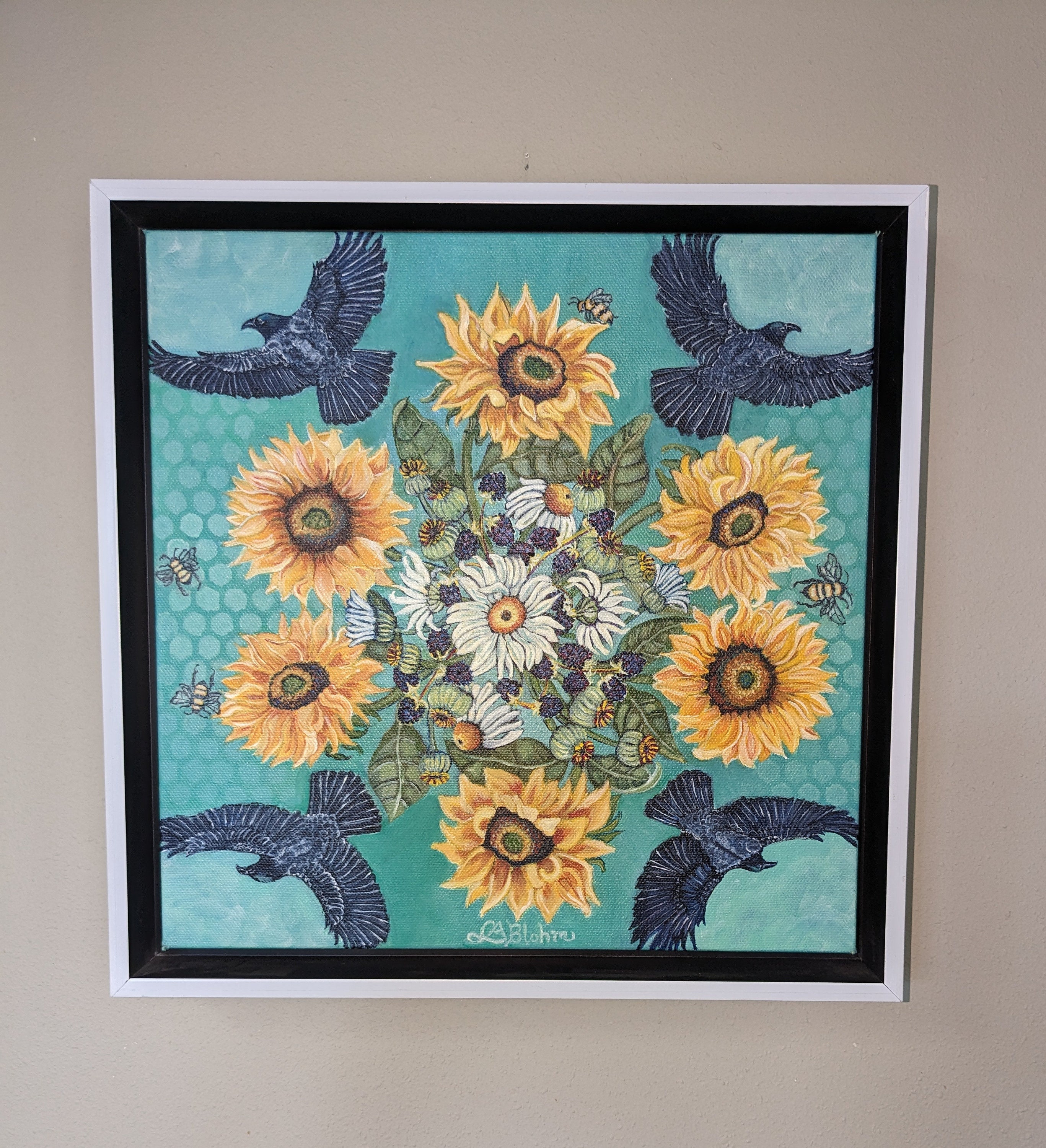 Original Sunflower & Crow Painting Crow Art, Daisy Art, Bird Art, Honeybee Art, 12 X 12" Canvas ...