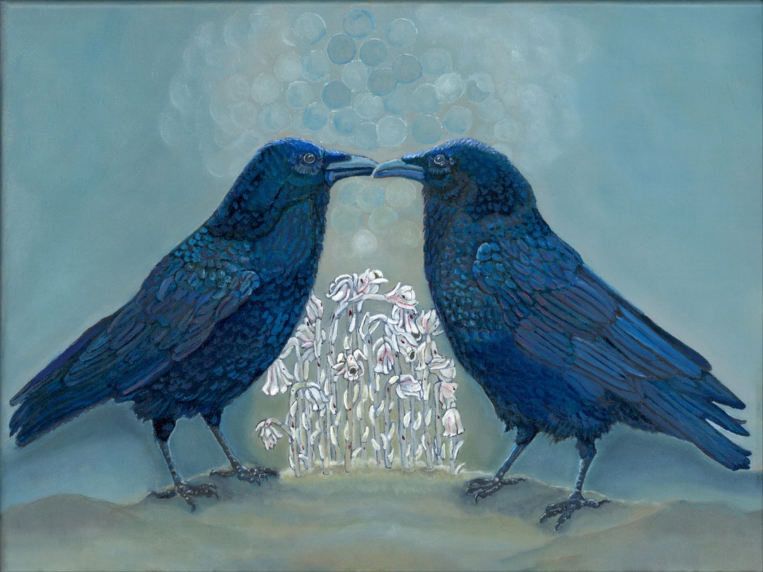 Crow, Crows, Original, 16 X 12 Oil Painting, Ghost Pipe, Indian Pipe ...