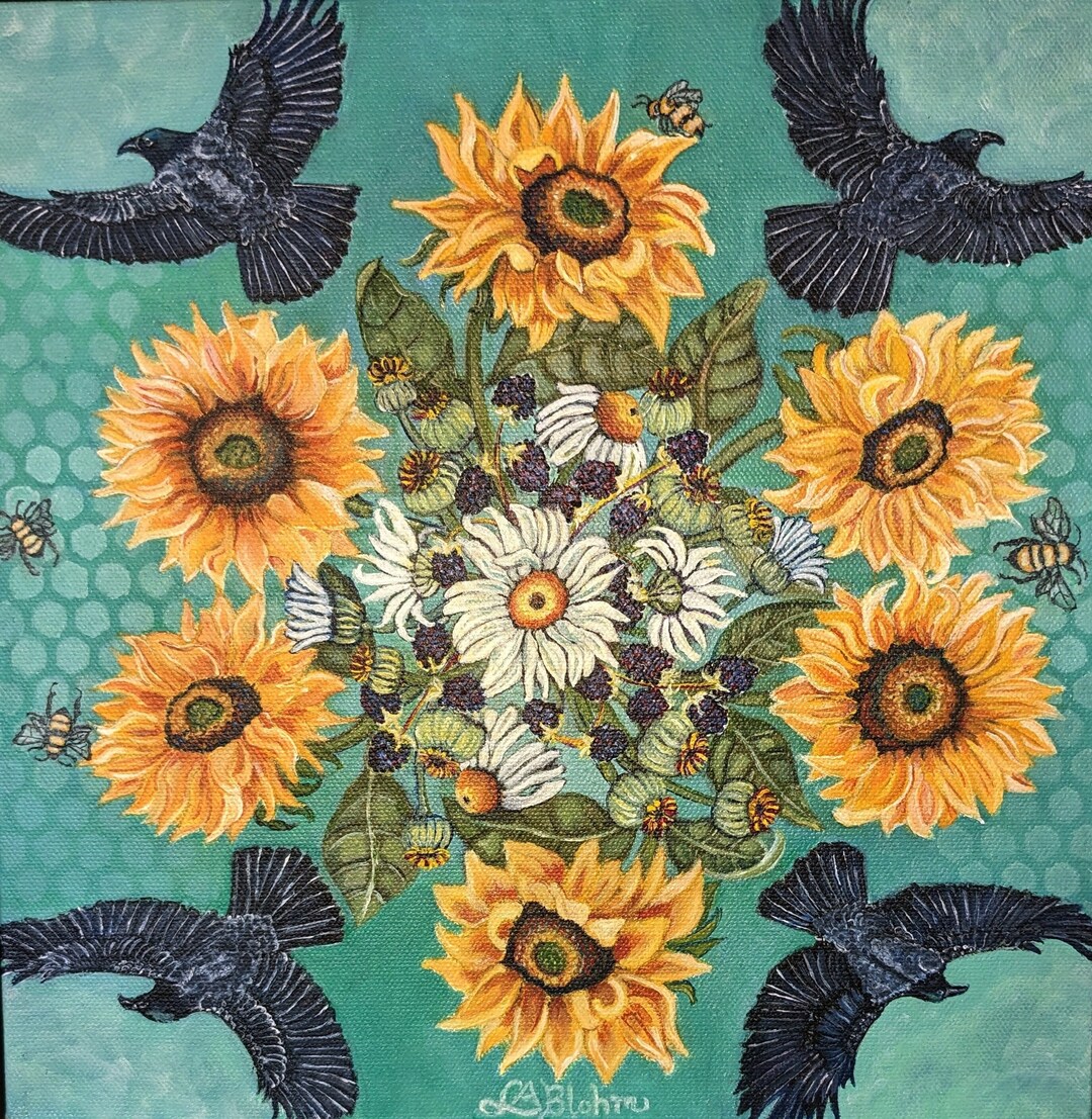 Original Sunflower & Crow Painting Crow Art, Daisy Art, Bird Art, Honeybee Art, 12 X 12" Canvas ...