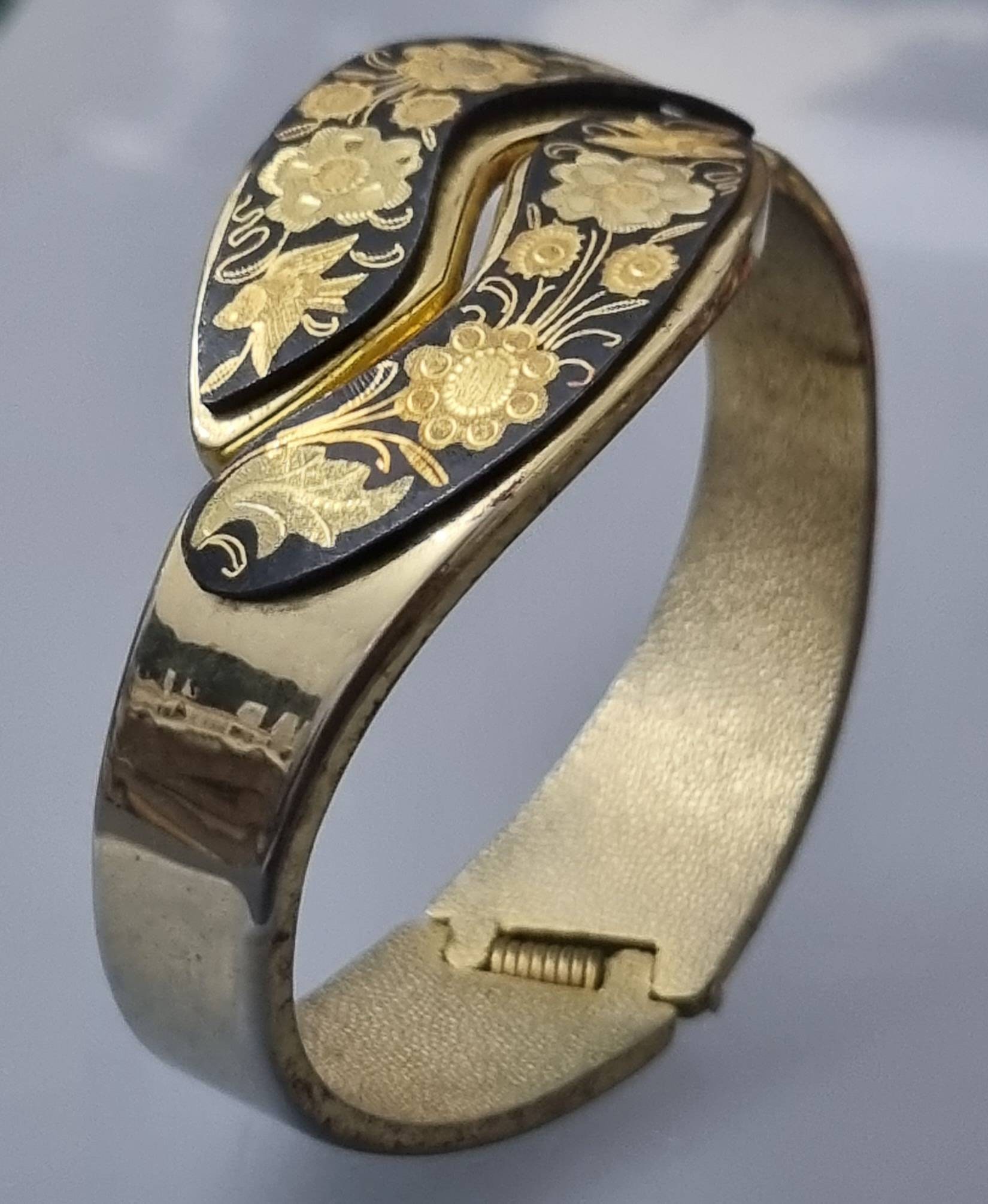 1950's Vintage Crossover Damascene Clamper Bangle Floral With Birds ...