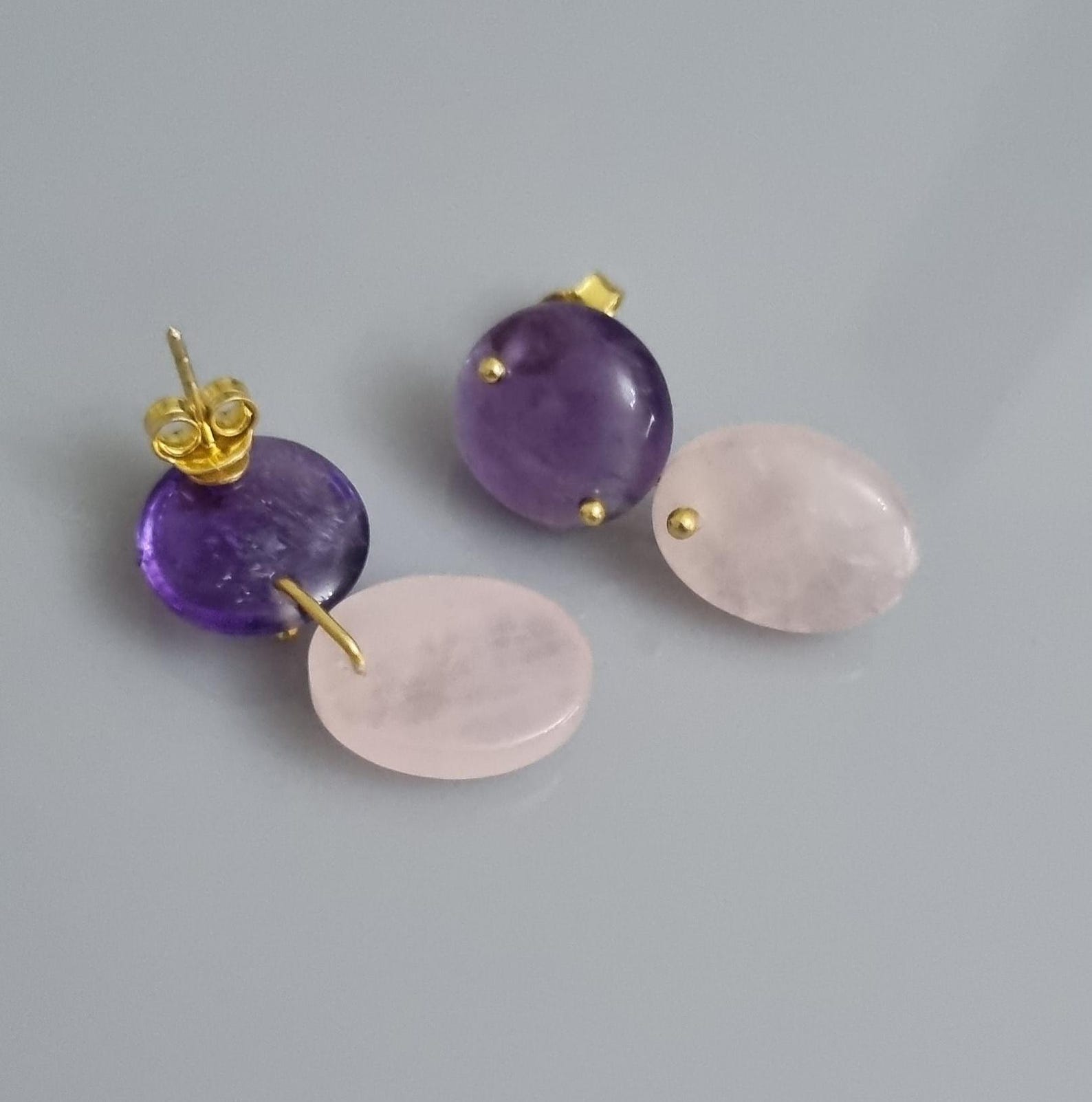 JUICY JELLY GEMS Pink Rose Quartz and Amethyst Cabochons Double Drop ...