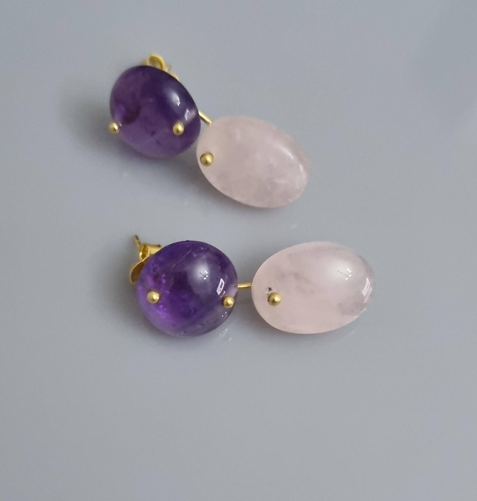 JUICY JELLY GEMS Pink Rose Quartz and Amethyst Cabochons Double Drop ...
