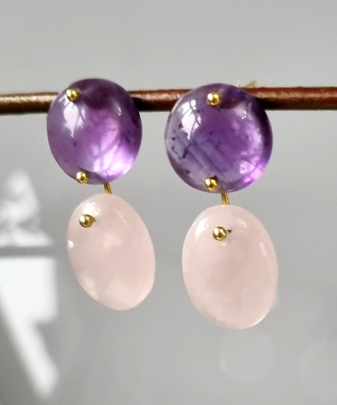 JUICY JELLY GEMS Pink Rose Quartz and Amethyst Cabochons Double Drop ...