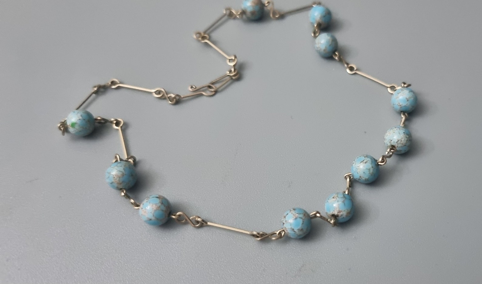 Antique HUBBELL Turquoise Glass and Rolled Gold Links Art Deco Necklace ...