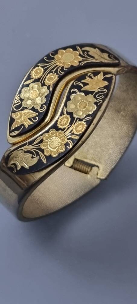 1950's Vintage Crossover Damascene Clamper Bangle Floral With Birds ...