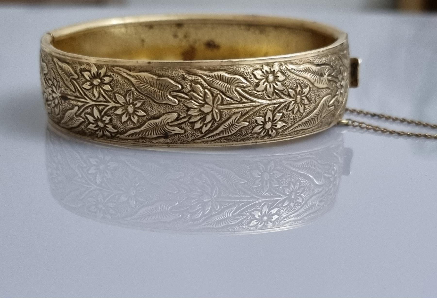 Antique Art Nouveau Rose Gold Pinchbeck Repousse Hinged Bangle With ...