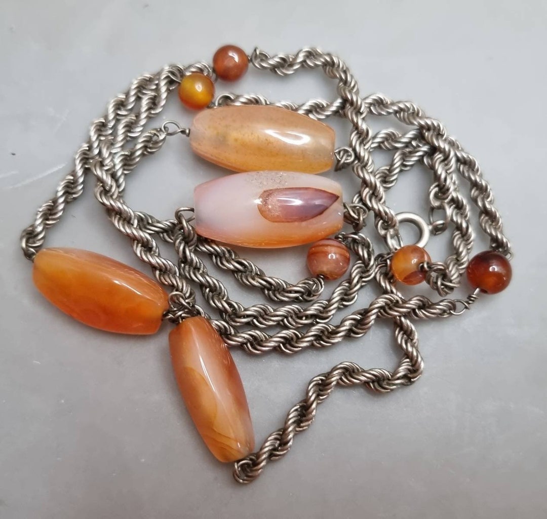 Art Deco STERLING SILVER 4mm Rope Chain With Large Carnelian/agate ...