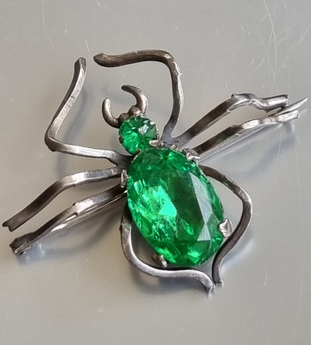 Antique Edwardian Spider Emerald Green Glass Paste and Sterling Silver ...