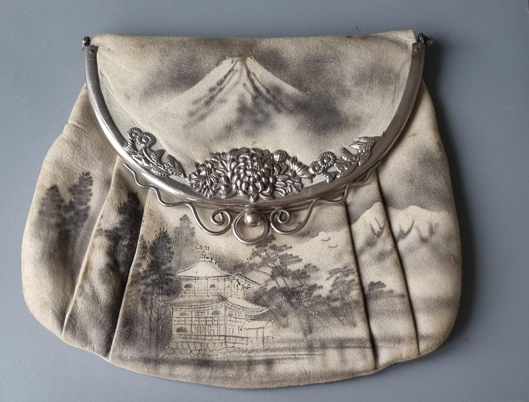 Vintage Japanese Real Suede Handpainted Mt Fuji Evening Purse With ...