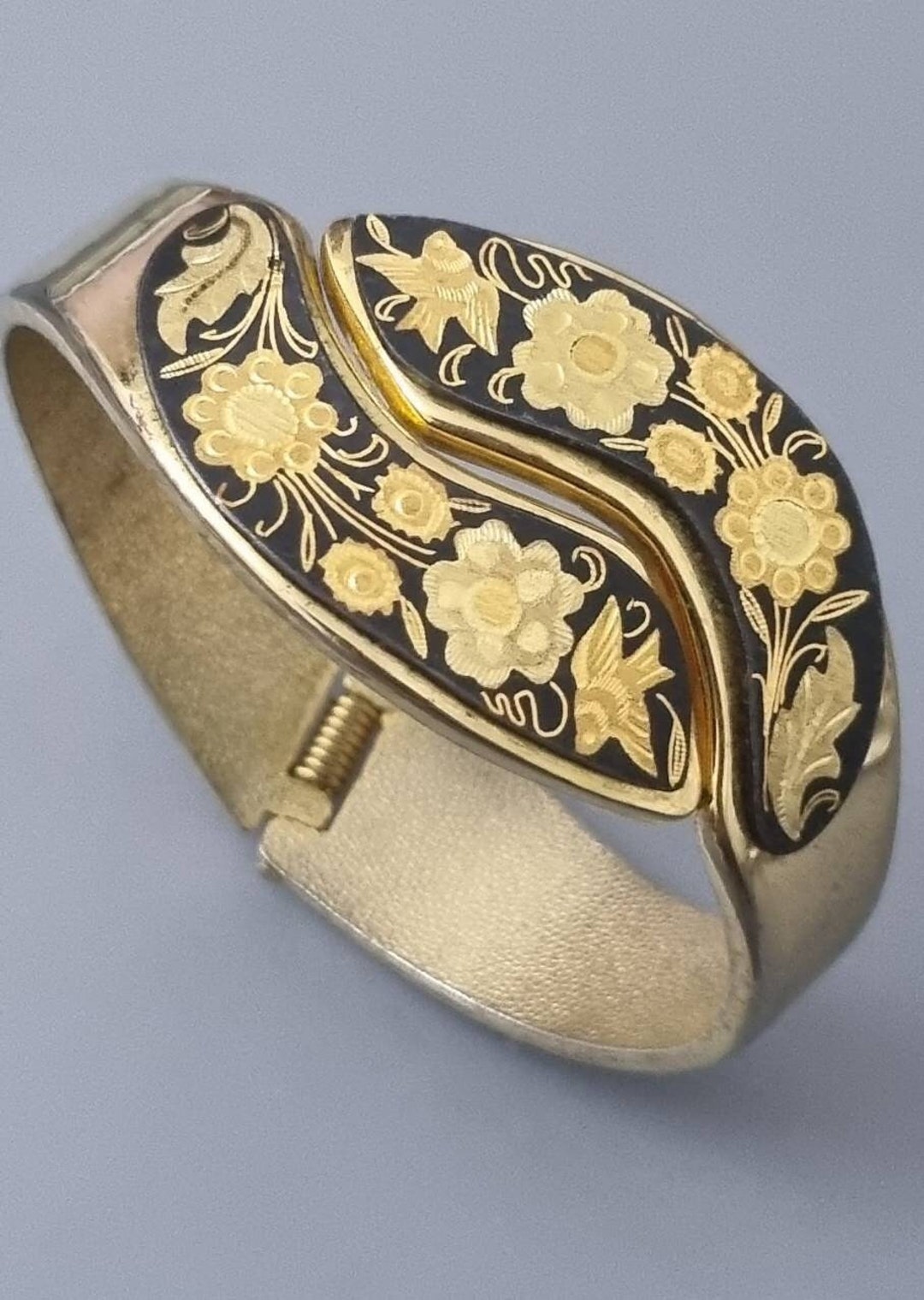 1950's Vintage Crossover Damascene Clamper Bangle Floral With Birds ...