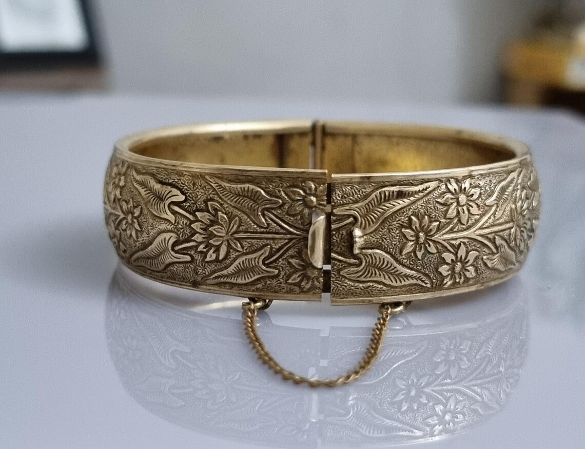 Antique Art Nouveau Rose Gold Pinchbeck Repousse Hinged Bangle With ...