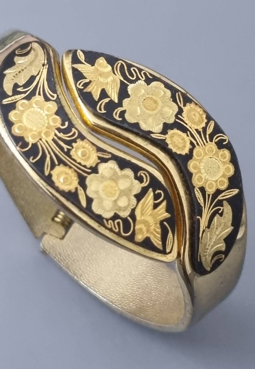 1950's Vintage Crossover Damascene Clamper Bangle Floral With Birds ...